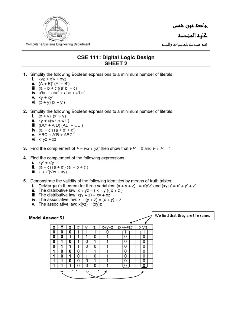 CSE 111: Digital Logic Design Sheet 2: Computer & Systems Engineering Department | PDF | Boolean ...
