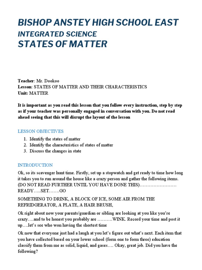 Bishop Anstey High School East States of Matter: Integrated Science ...