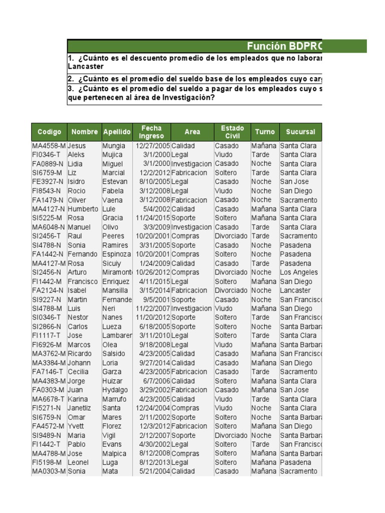 Funciones de Base de Datos (BDPROMEDIO) Enunciado | PDF