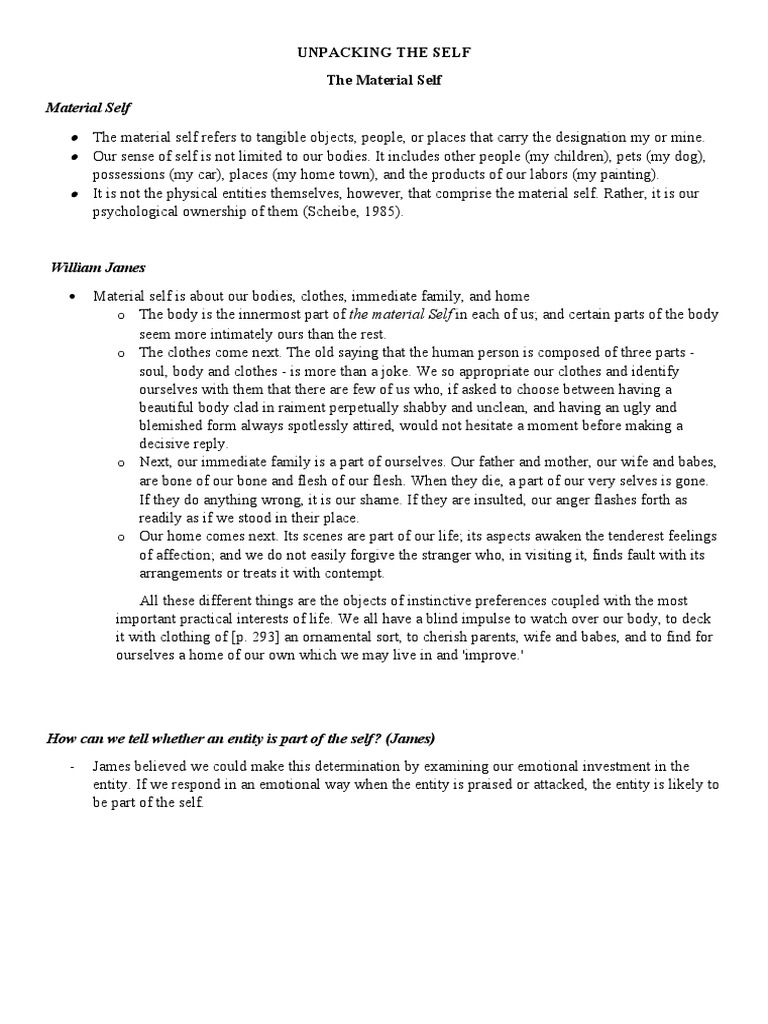 Unpacking The Self The Material Self | PDF | Self | Behavioural Sciences