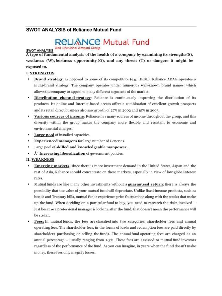 SWOT ANALYSIS of Reliance Mutual Fund | PDF | Mutual Funds | Financial ...