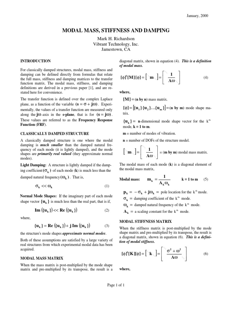 Modal Mass, Stiffness, Damping Analysis | PDF | Normal Mode | Matrix ...