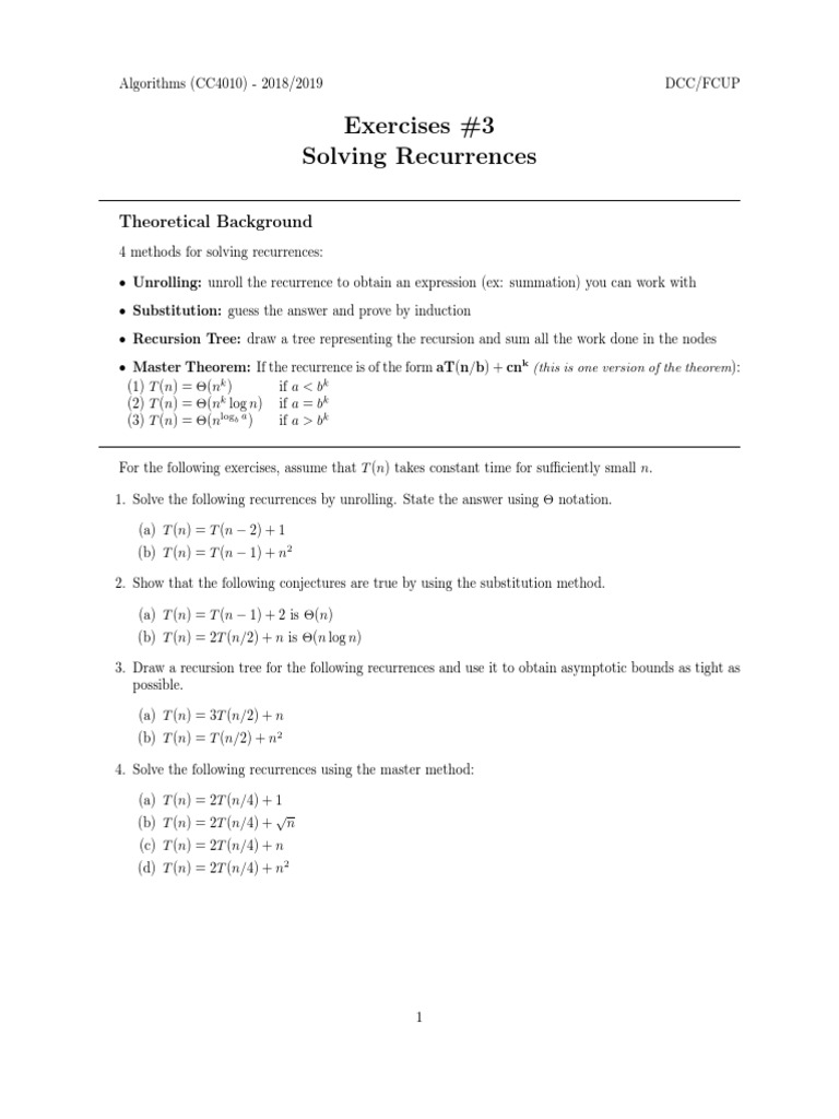 Exercises #3 Solving Recurrences: Theoretical Background | PDF