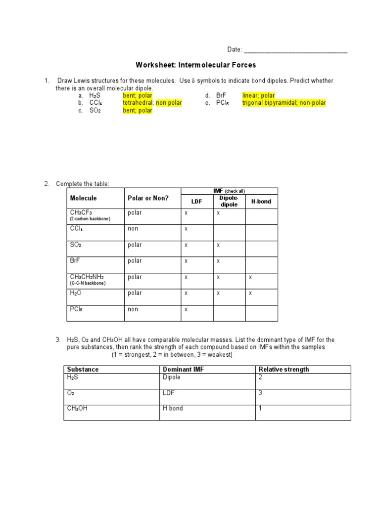 Worksheet: Intermolecular Forces: Molecule Polar or Non? | PDF ...
