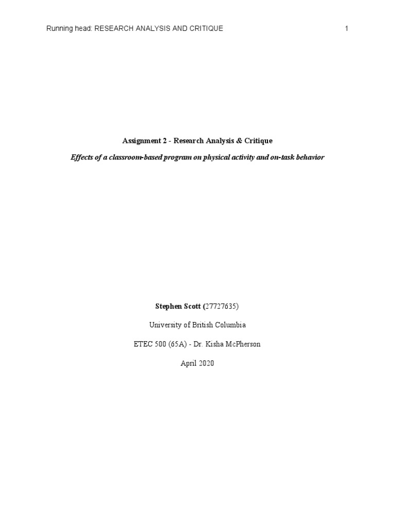 Etec 500 Assignment 2b Final Draft - Research Analysis and Critique | PDF | Teachers | Behavior