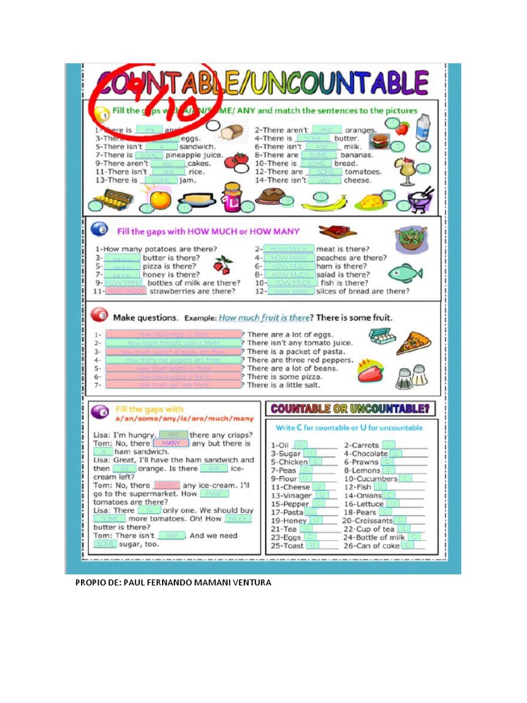 Homework Countable and Uncountable Nouns | PDF