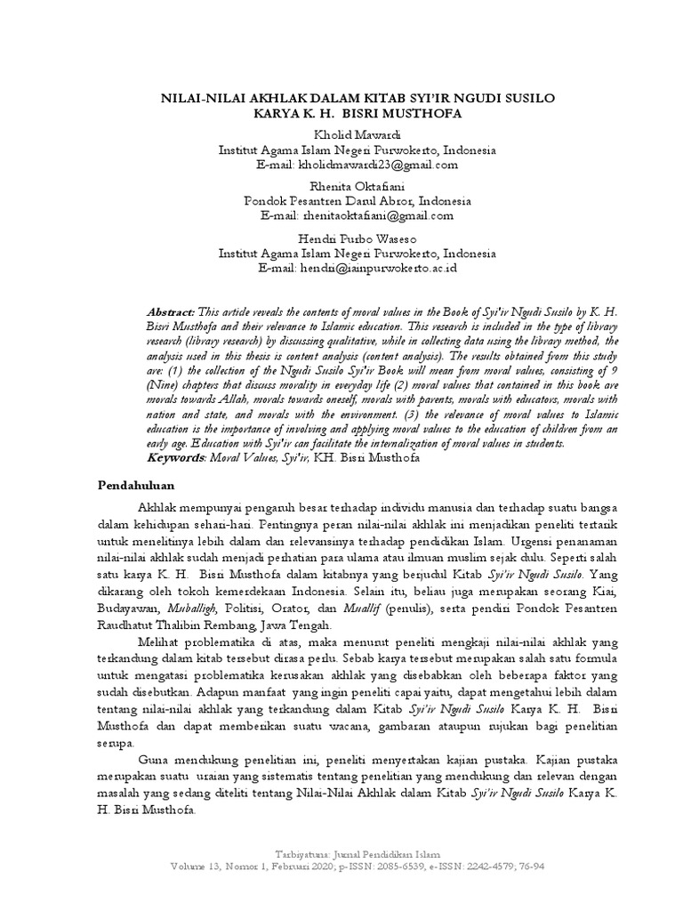 Nilai-Nilai Akhlak Dalam Kitab Syi'Ir Ngudi Susilo Karya K. H. Bisri ...