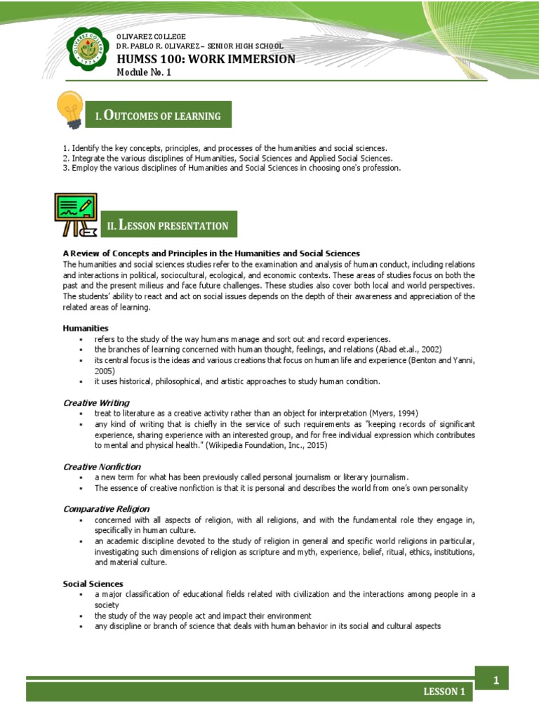 Humss 100: Work Immersion: I. Utcomes of Learning | Download Free PDF ...