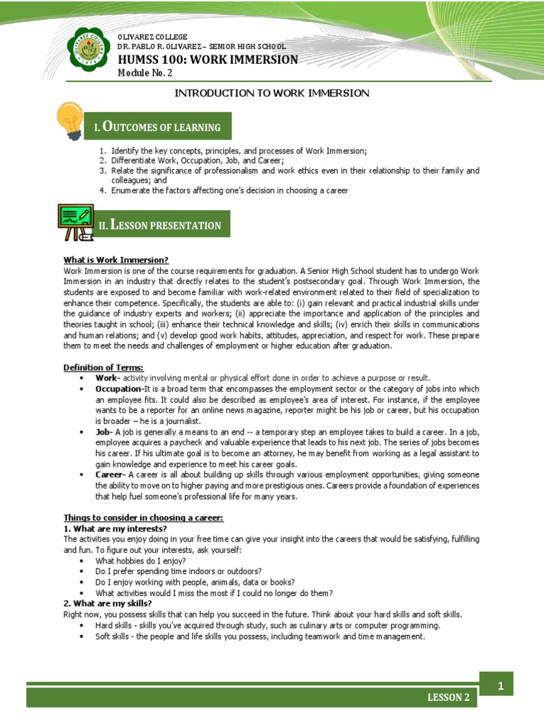 Humss 100: Work Immersion: I. Utcomes of Learning | PDF | Employment ...