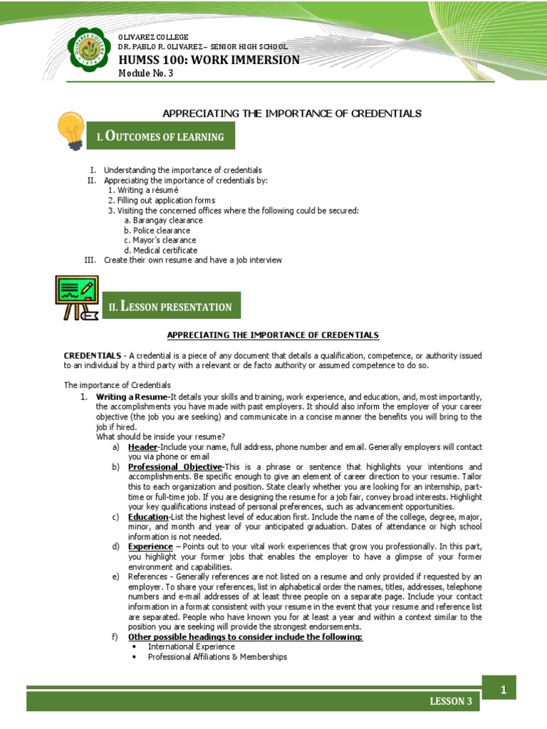 Humss 100: Work Immersion: I. Utcomes of Learning | PDF | Résumé ...