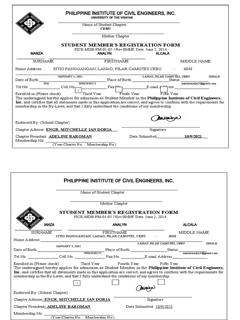 PICE Student Membership Registration Form | PDF | Engineering