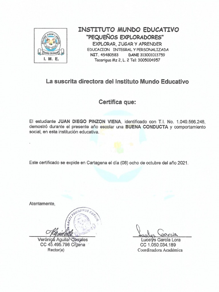 Certificado Buena Conducta Grado 2 | PDF