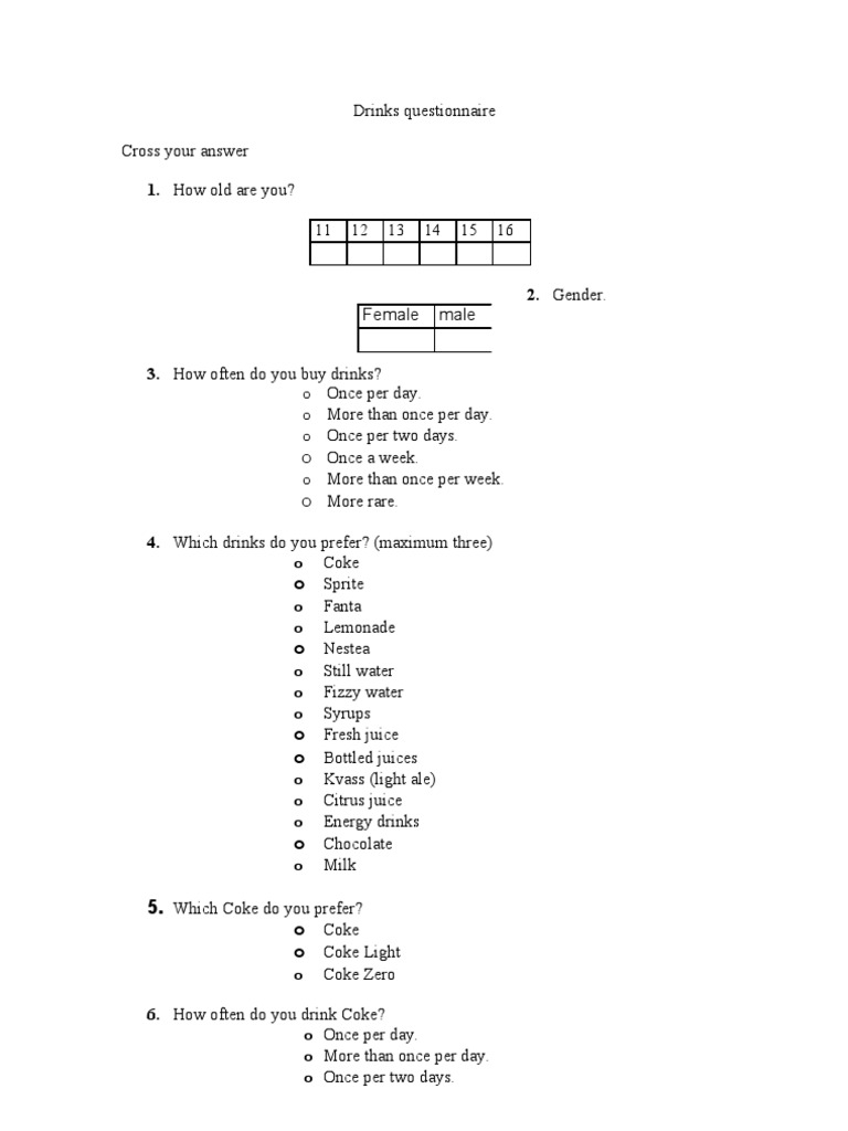 Drinks Questionnaire | PDF | Drink | Coca Cola