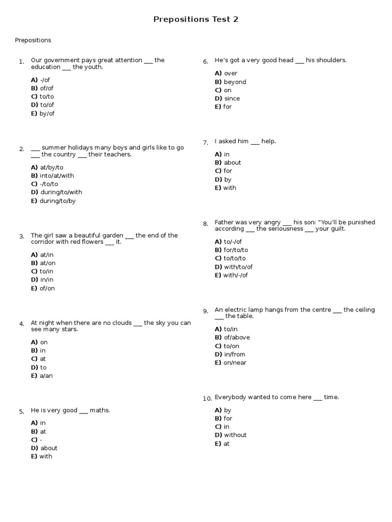 English Prepositions Test PDF With Answers Englishtestpdf | PDF