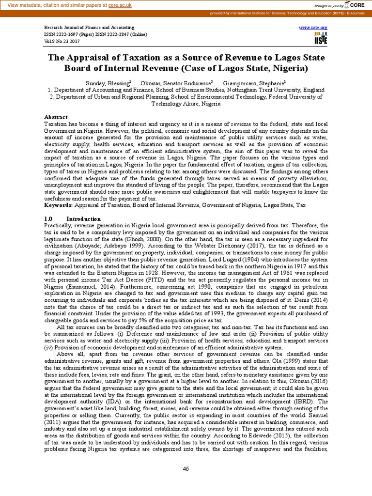 The Appraisal of Taxation As A Source of Revenue To Lagos State Board ...