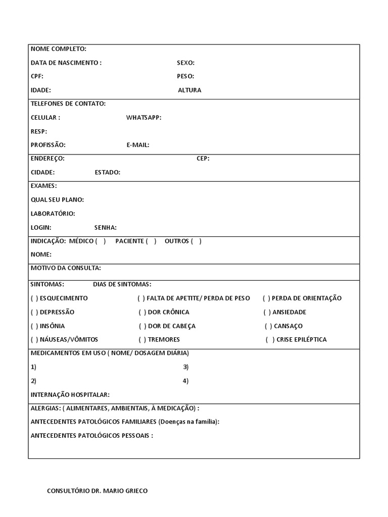 Ficha Paciente Preencher | PDF | Autoajuda | Bem-estar