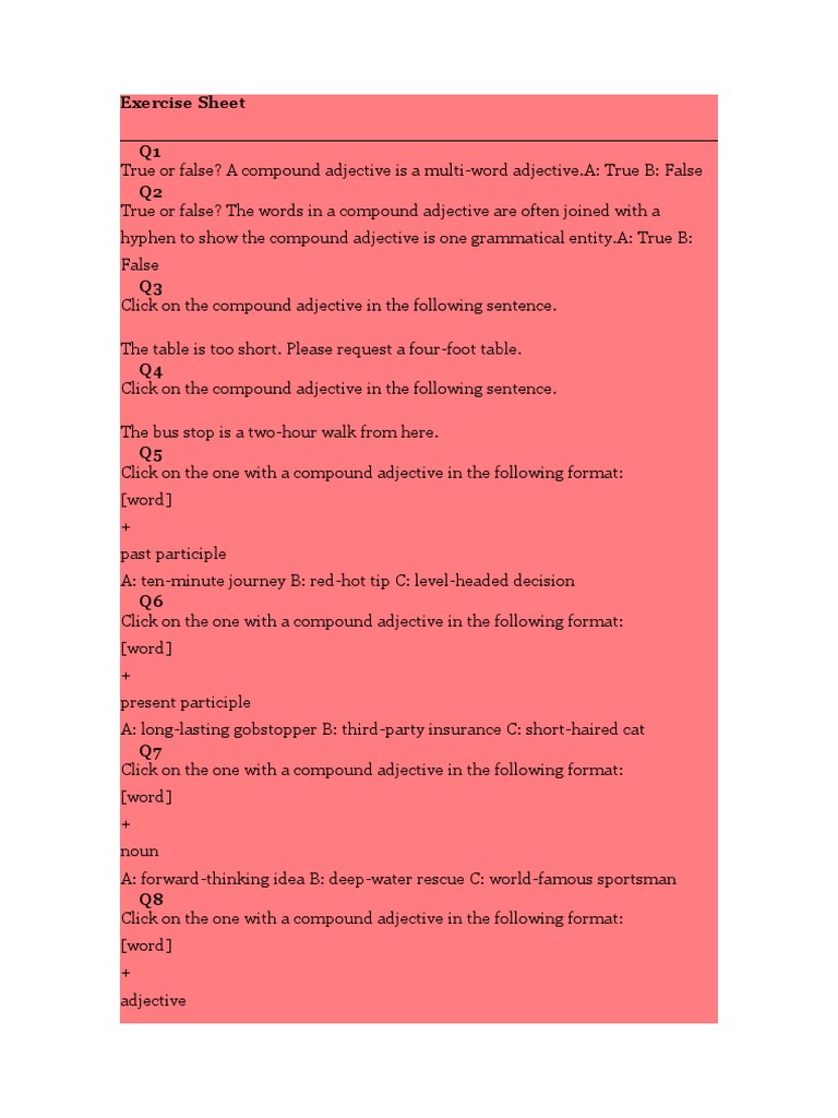 Compound Adjectives Exercise Sheet | PDF | Adjective | Adverb