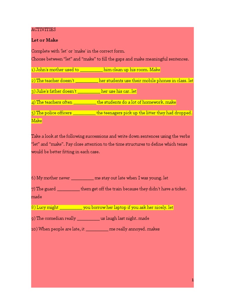 Let vs Make: Exercises and Activities | PDF | Language Arts & Discipline