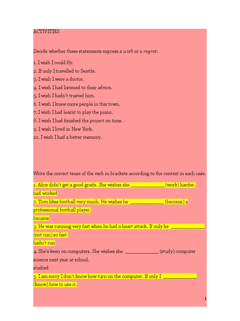 Wishes and Regrets Activities | PDF | Foreign Language Studies | Home ...