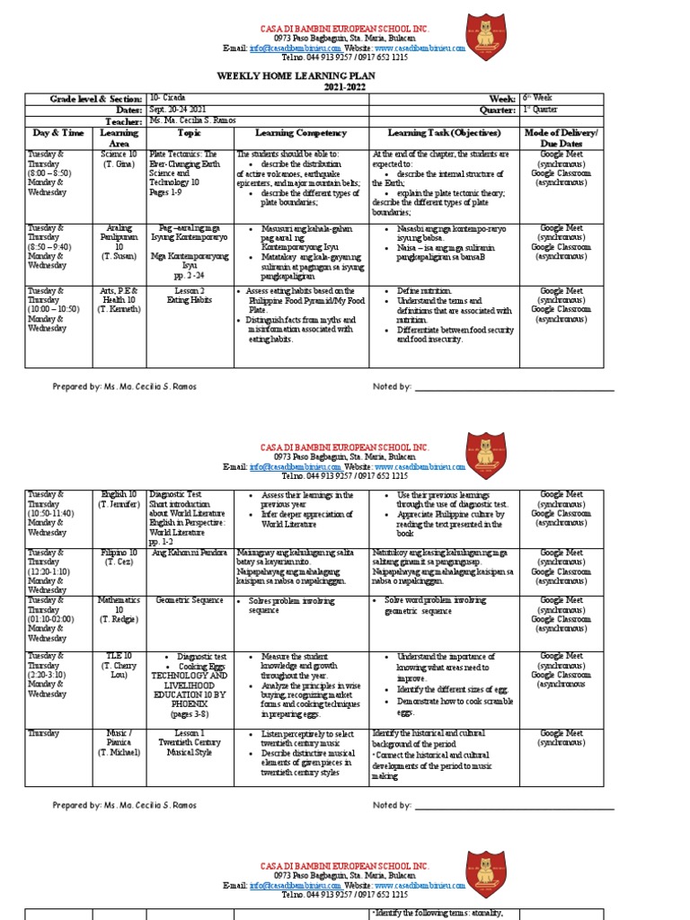 Weekly Home Learning Plan Grade 10 Cicada1st Quarter 2nd Week | PDF