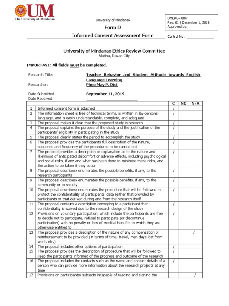 Form D Informed Consent Assessment Form: University of Mindanao Ethics Review Committee | PDF ...