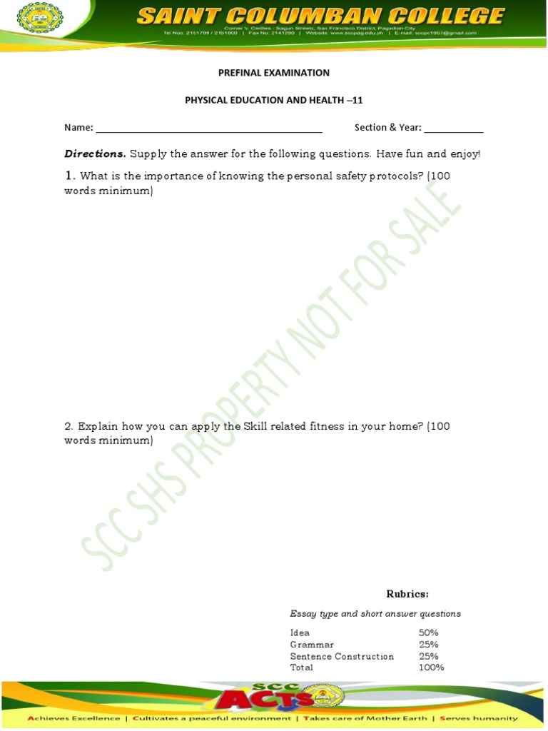 Physical Education Exam Answers | PDF | Career & Growth