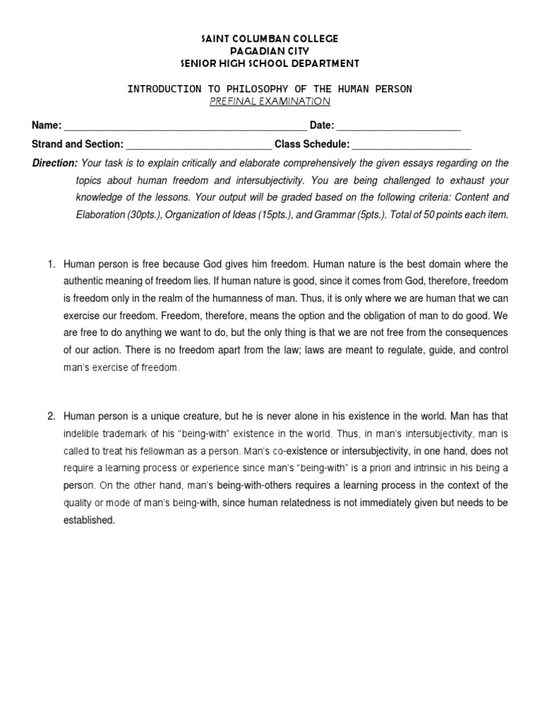 Prefinal Exam: Philosophy of Human Person | PDF | Career & Growth