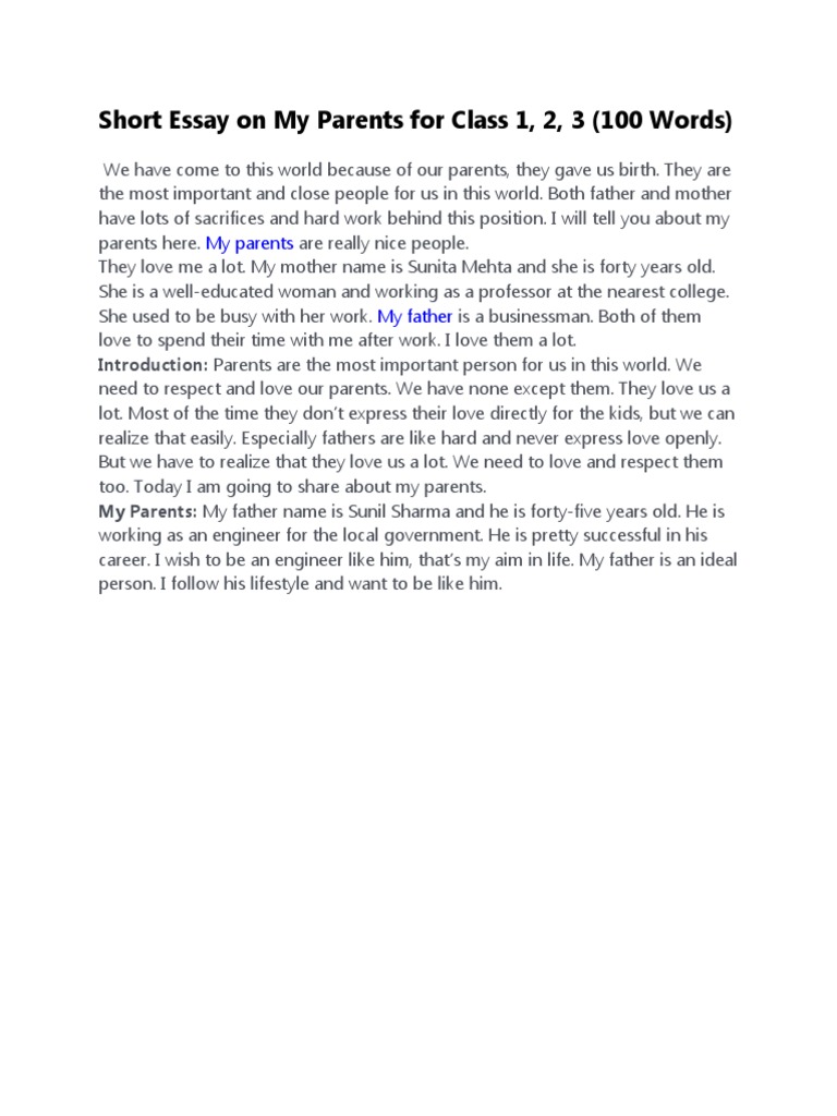 My Parents: A Short Essay for Kids | PDF | Language Arts & Discipline ...