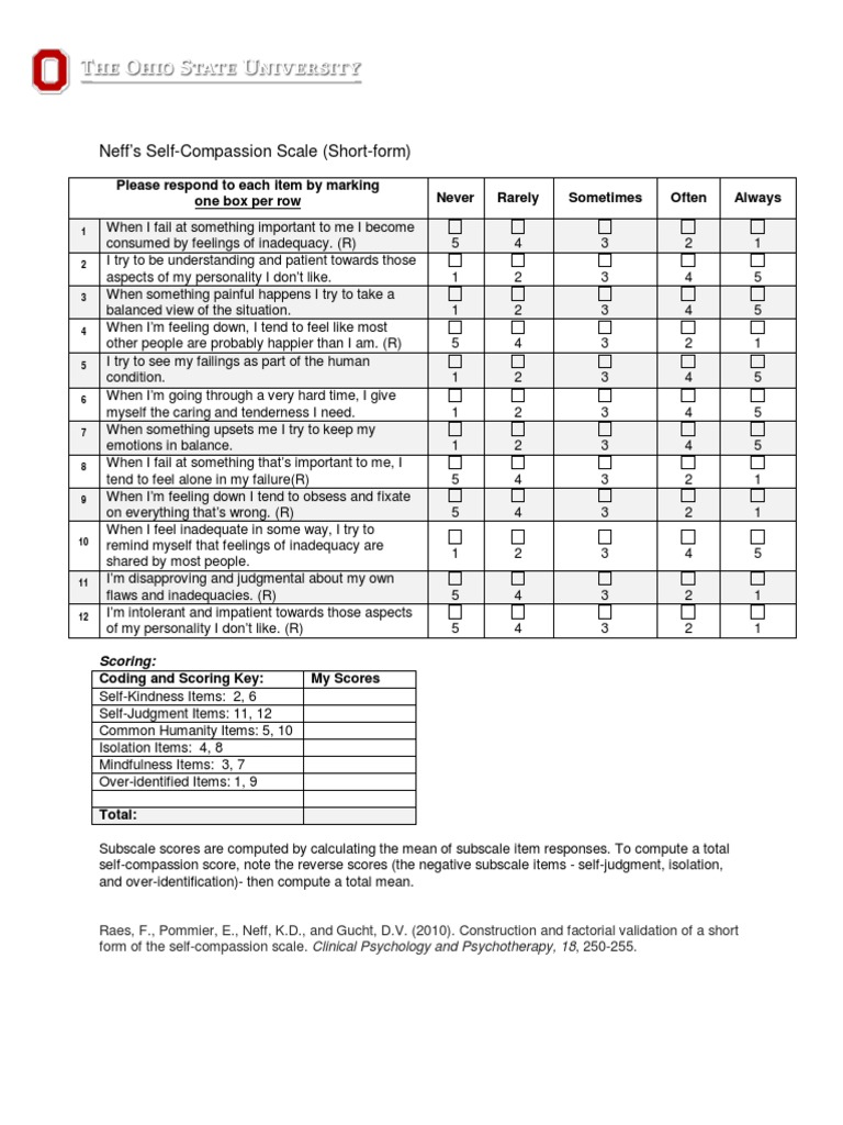 Neff's Self-Compassion Scale (Short Form) | PDF | Metaphysics Of Mind ...