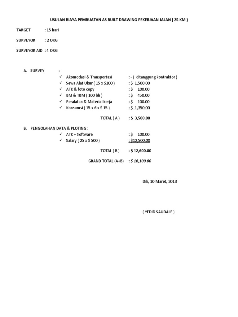 Usulan Biaya Pembuatan As Built Drawing Pekerjaan Jalan | PDF