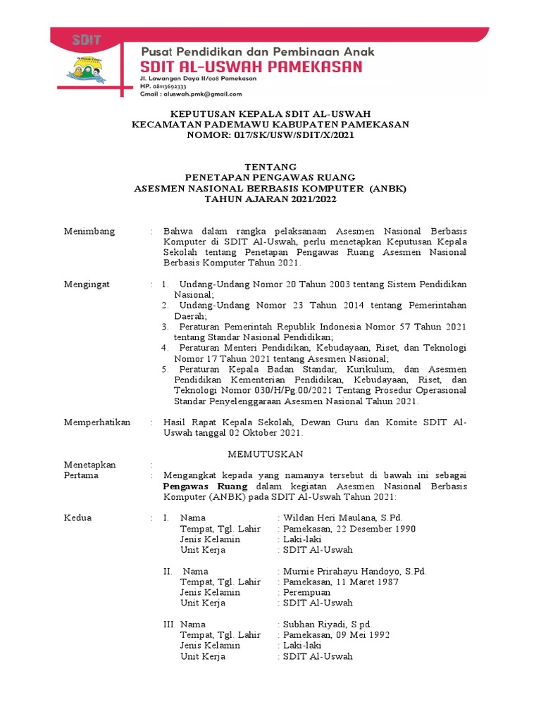 SK Pengawas Ruang ANBK | PDF