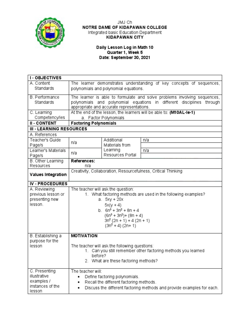 4as DLL Grade 10-MATH | PDF | Factorization | Polynomial