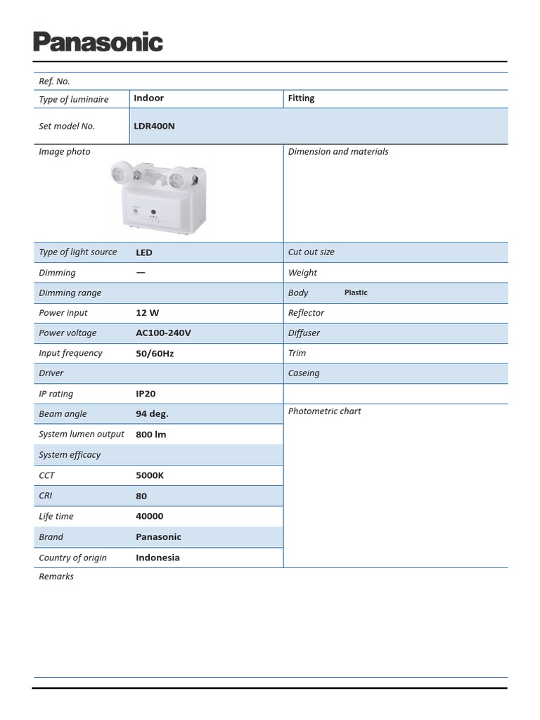 Panasonic LDR400N Emergency Light Specs | PDF | Computers