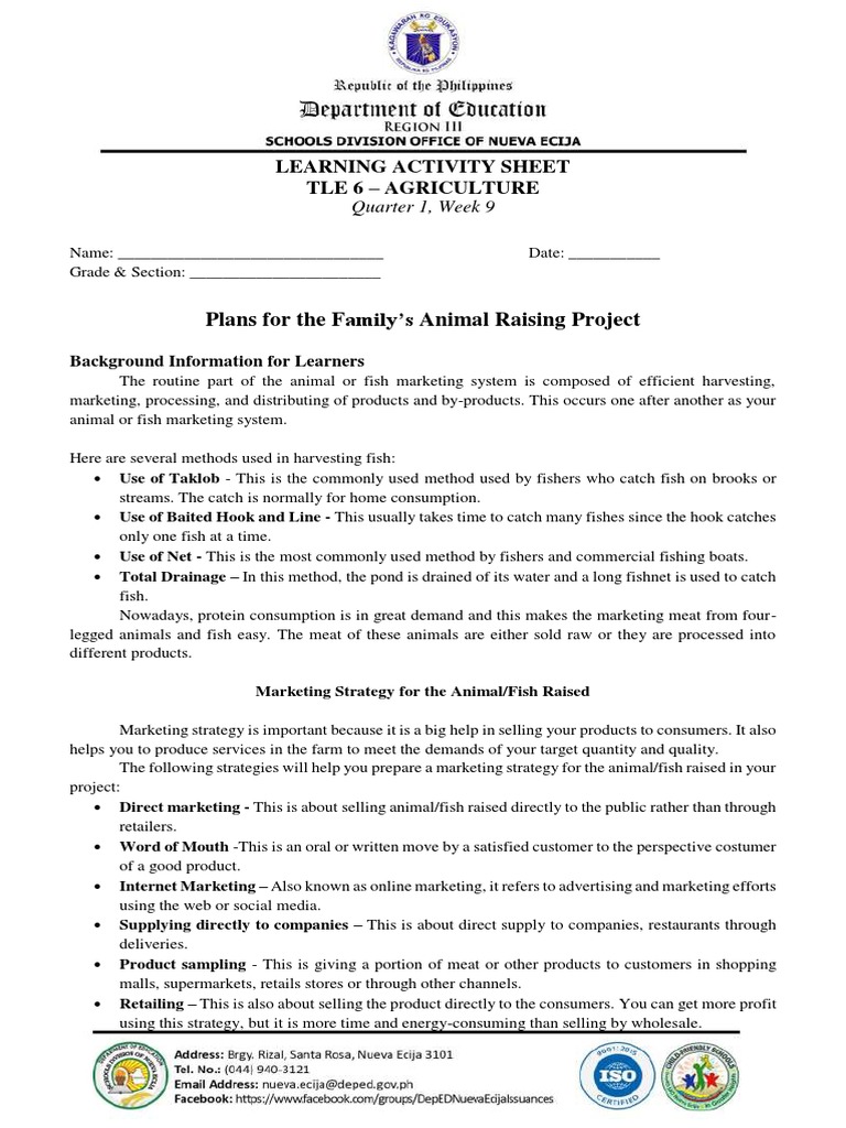 Plans For The Family's Animal Raising Project: Learning Activity Sheet ...