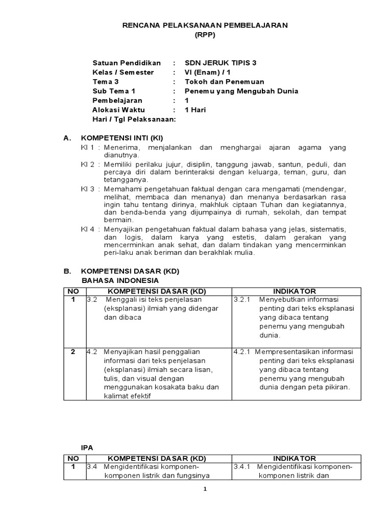 RPP SD Kelas 6 TEMA 3 | PDF | Sains & Matematika