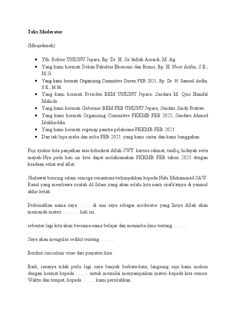 Teks Pembukaan Moderator PKKMB FEB 2021 | PDF