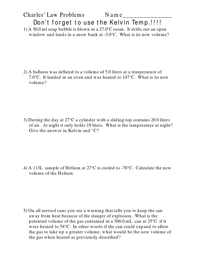 Charles' Law Problem Set and Solutions | PDF