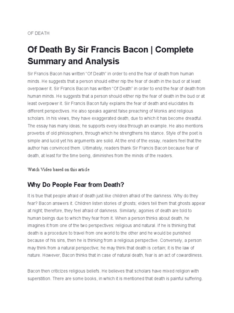Of DEATH, Summary and Analysis | PDF | Death | Francis Bacon