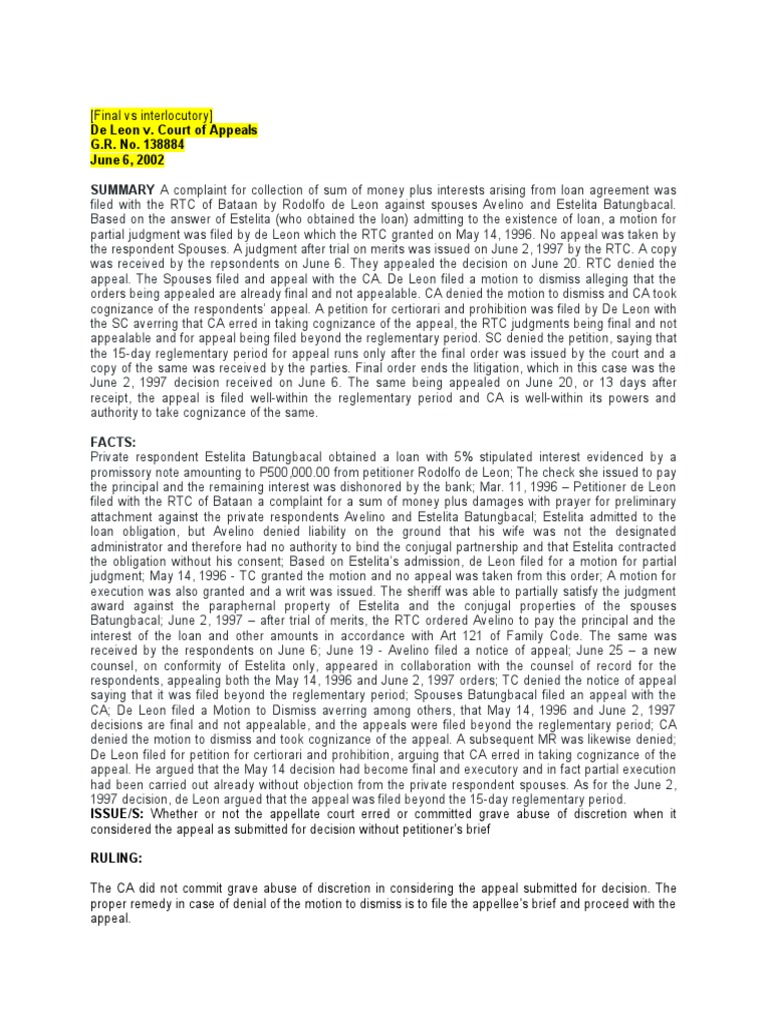 Final vs Interlocutory Orders in De Leon Case | PDF | Appeal | Brief (Law)