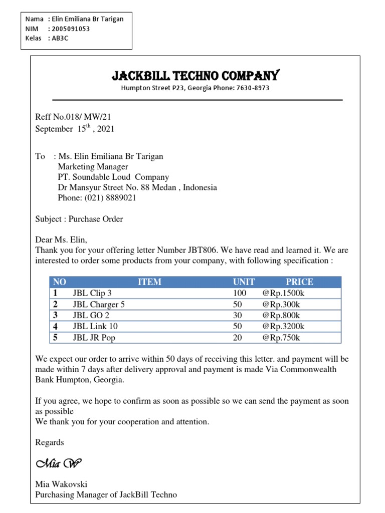 Purchase Order from JackBill Techno | PDF
