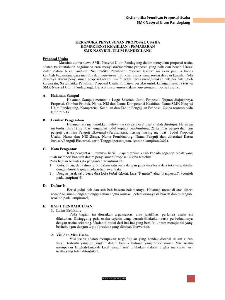 Sistematika Penulisan Proposal Usaha SMK Nasyrul Ulum Pandeglang | PDF | Karier & Perkembangan ...