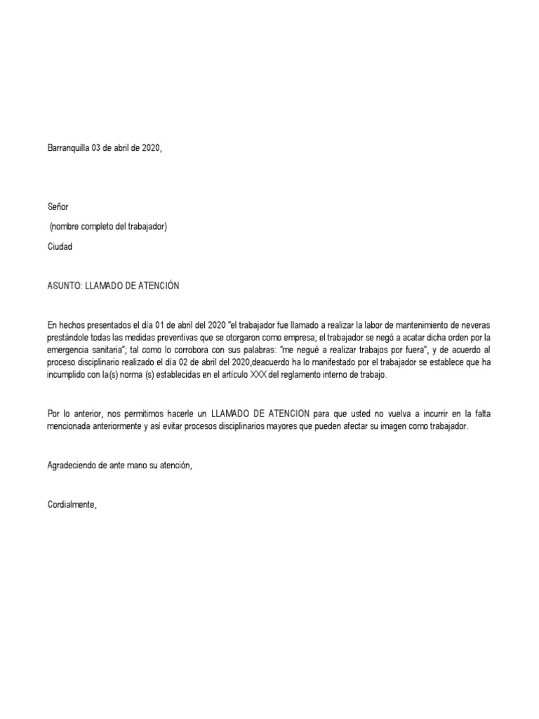 Carta de Llamado de Atencion Trabajador | PDF