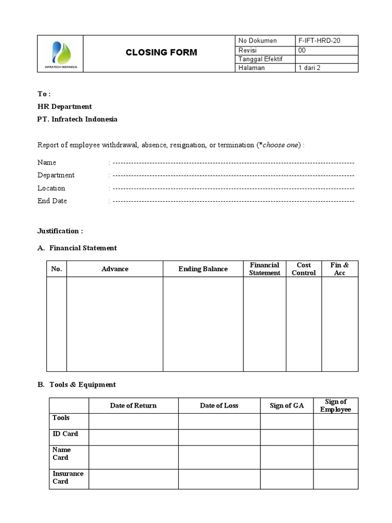 Closing Form: To: HR Department PT. Infratech Indonesia | PDF ...