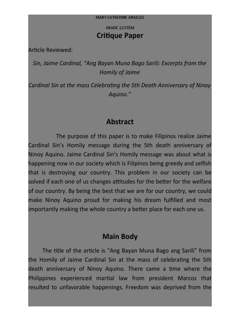 Critique Paper - Sample | PDF | Corazon Aquino | Philippines