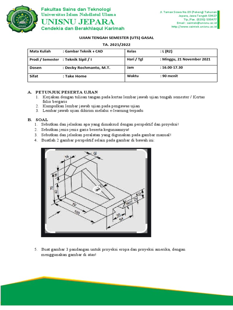 Soal UTS Gambar Teknik + CAD (L-R2) | PDF