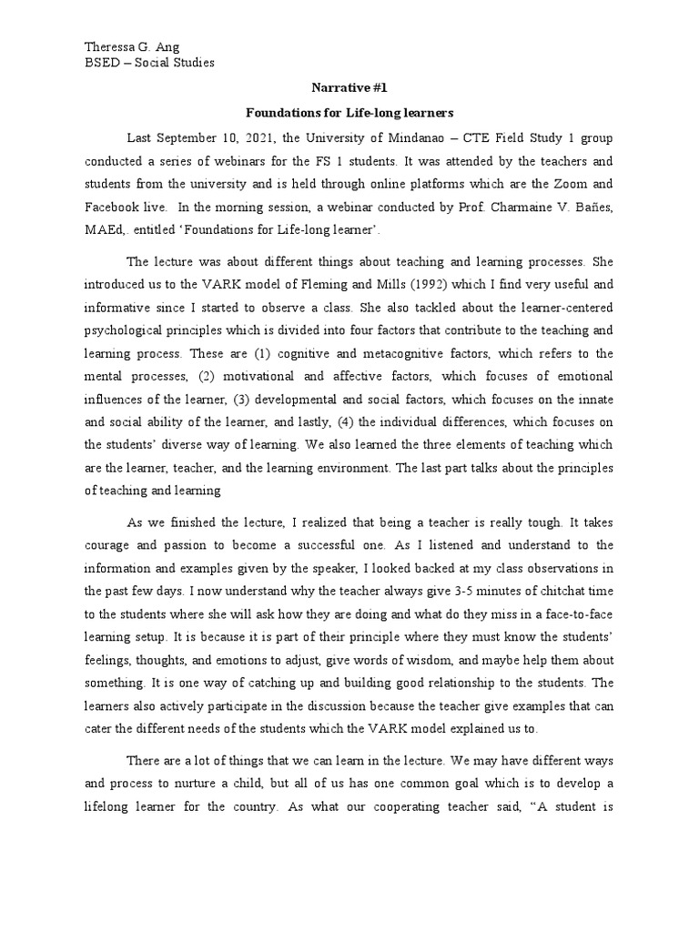 Narrative #1 Foundations For Life-Long Learners | PDF | Classroom ...