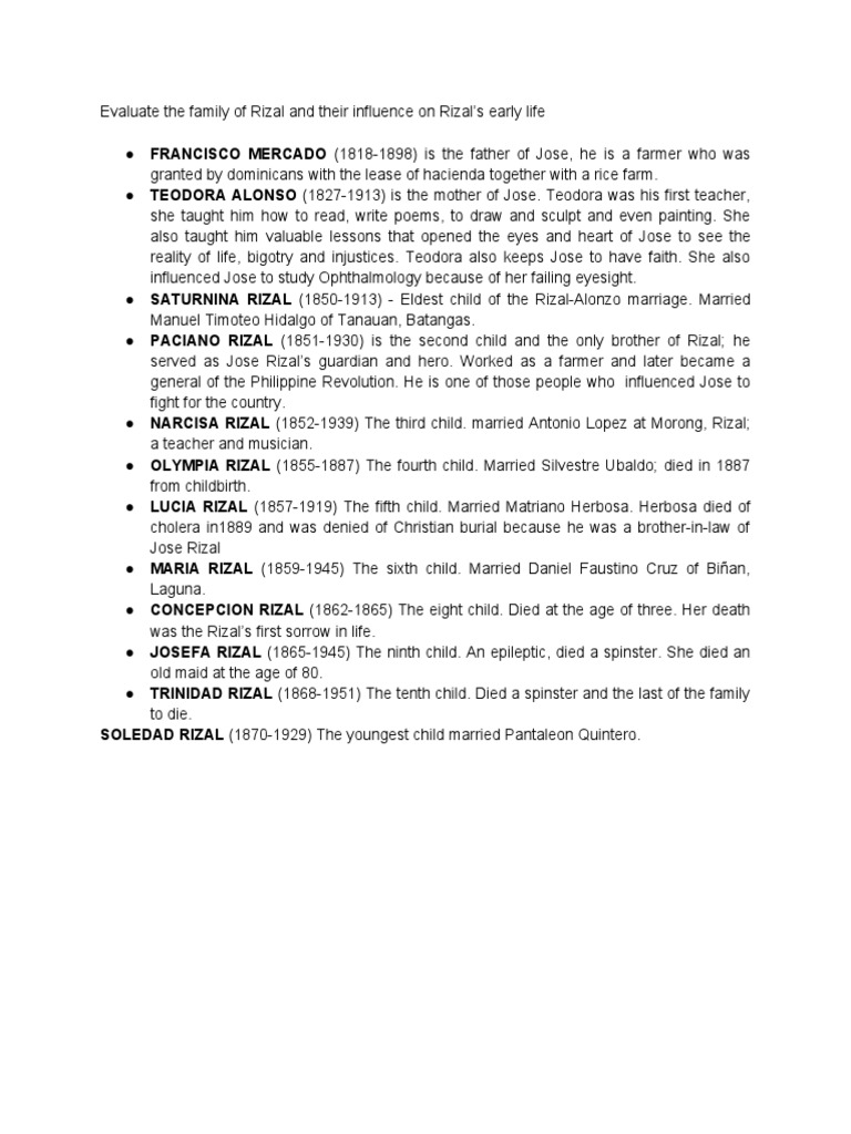 SOLEDAD RIZAL (1870-1929) The Youngest Child Married Pantaleon Quintero ...