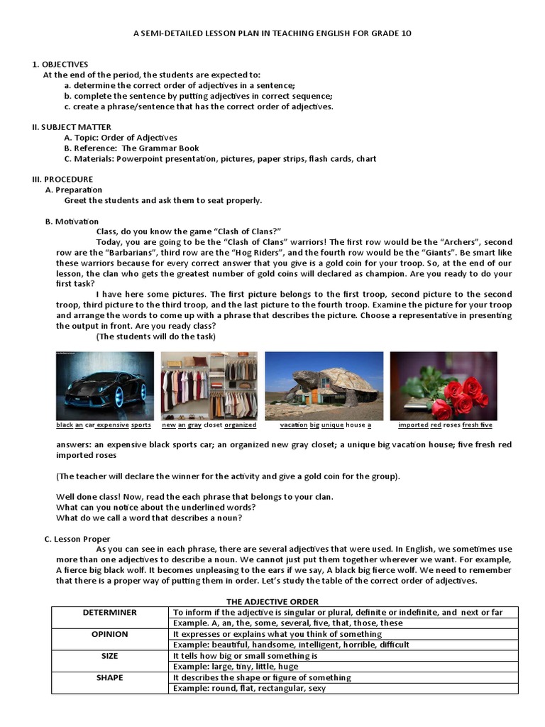 Order of Adjectives Lesson Plan for Grade 10 | PDF | Adjective | Noun