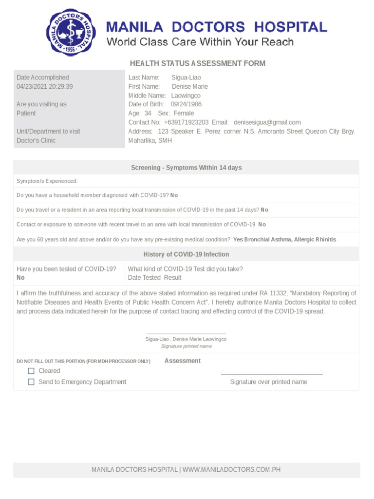 MDH Health Status Assessment | PDF