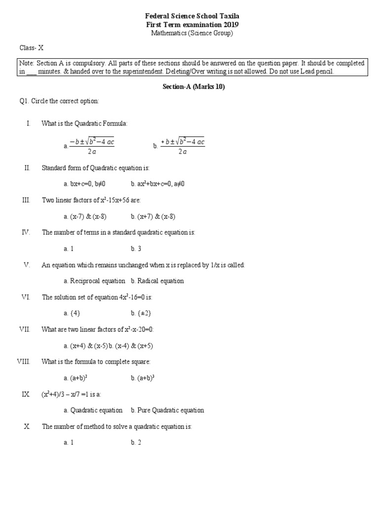 Exam Papers X Class | PDF | Quadratic Equation | Equations